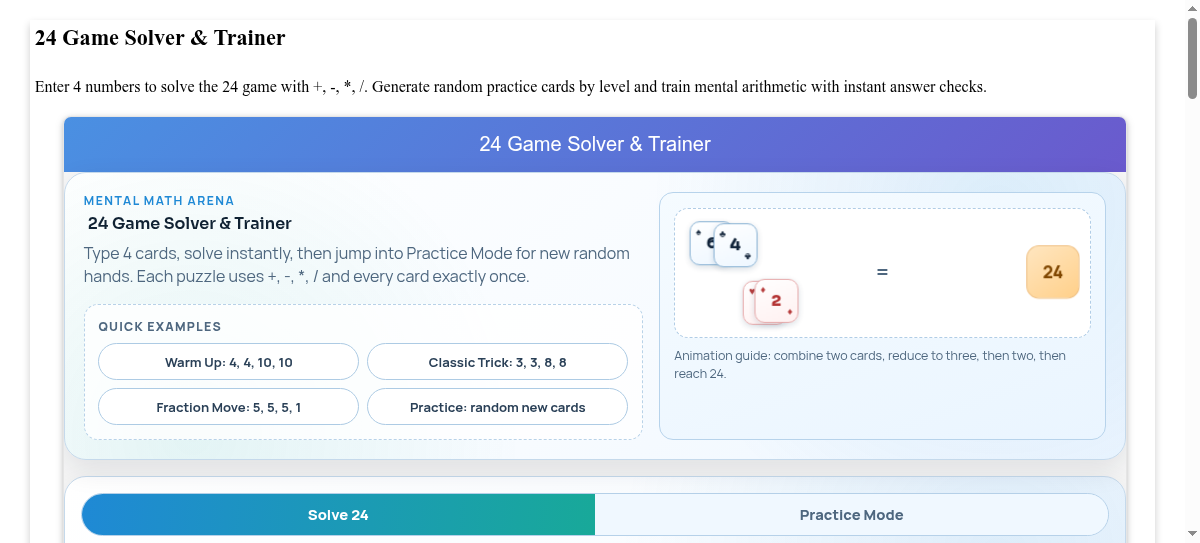 24 Game Solver & Trainer - Find 24 Solutions or Practice with Random Cards