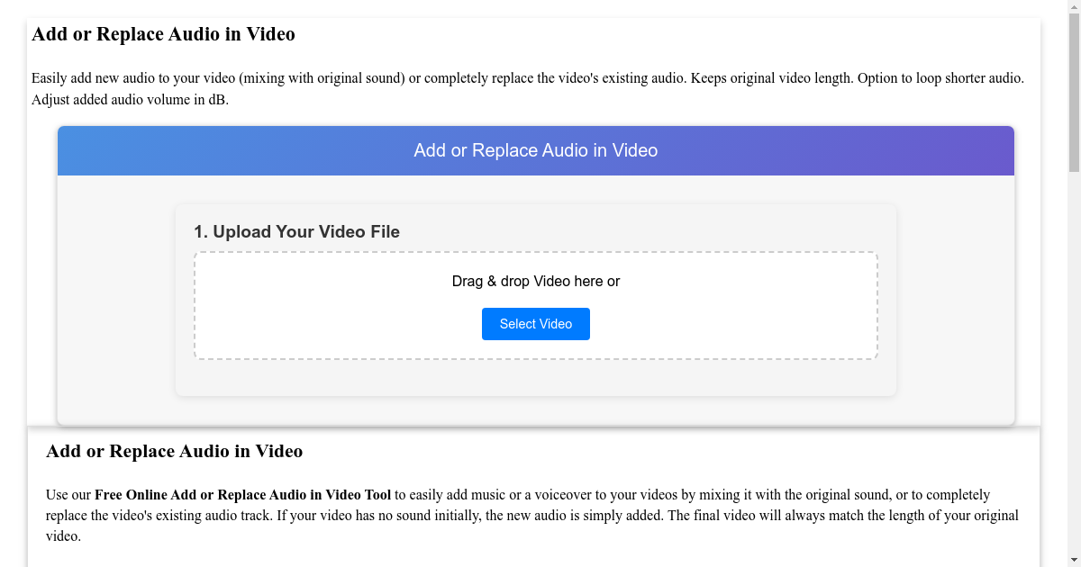 Add or Replace Audio in Video - Free Online Tool with Loop & dB Control