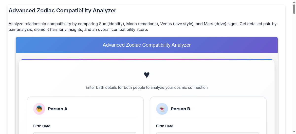 Advanced Zodiac Compatibility Analyzer - Sun, Moon, Venus, Mars Signs