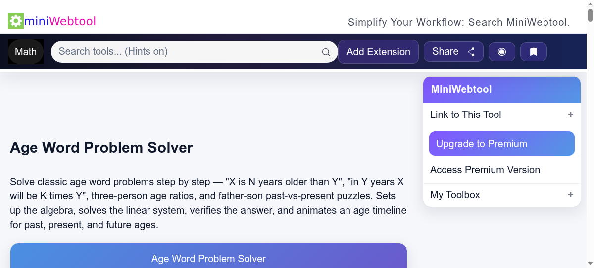 Age Word Problem Solver - Solve "X Years Older / Younger" Age Puzzles