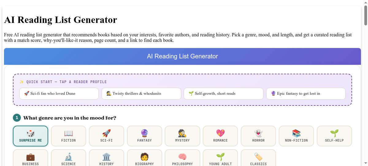 AI Reading List Generator - Personalized Book Recommendations by ...