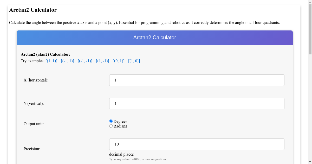 Arctan2 (atan2) Calculator - Quadrant-aware Angle from (x, y) with ...