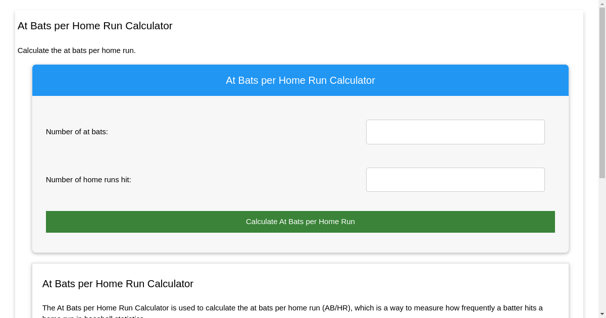 At Bats per Home Run Calculator - Calculate AB/HR