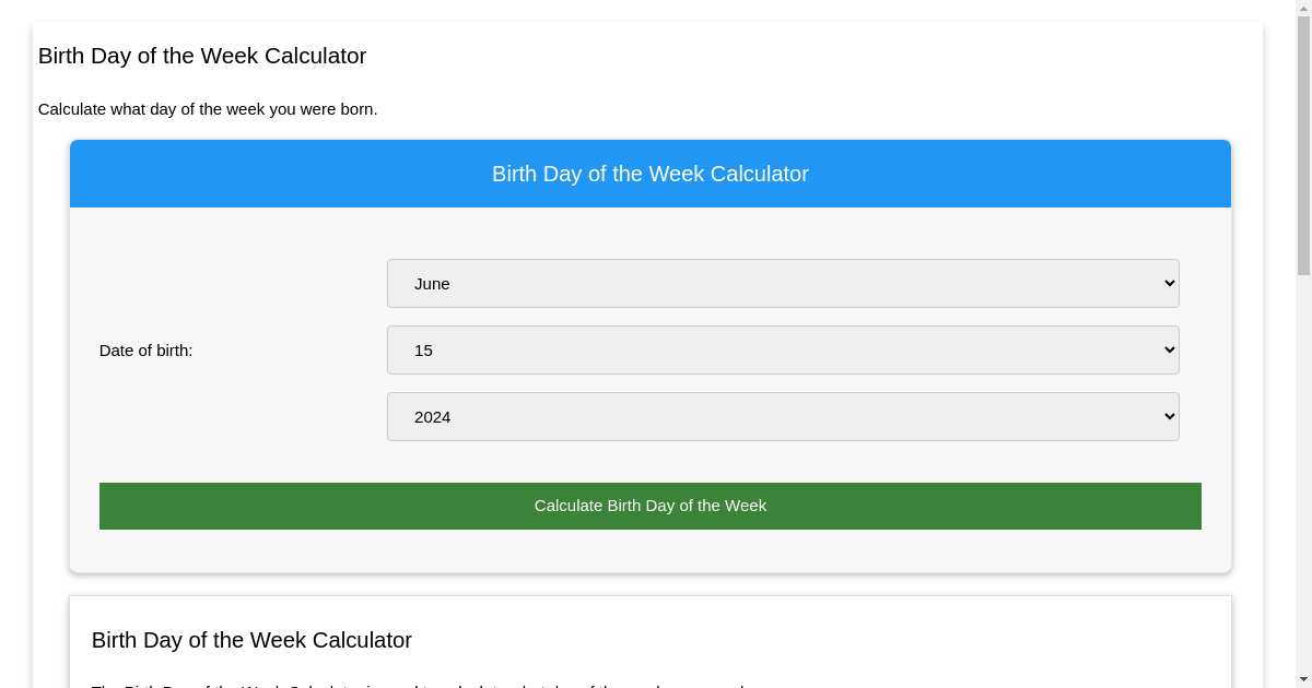 Birth Day of the Week Calculator