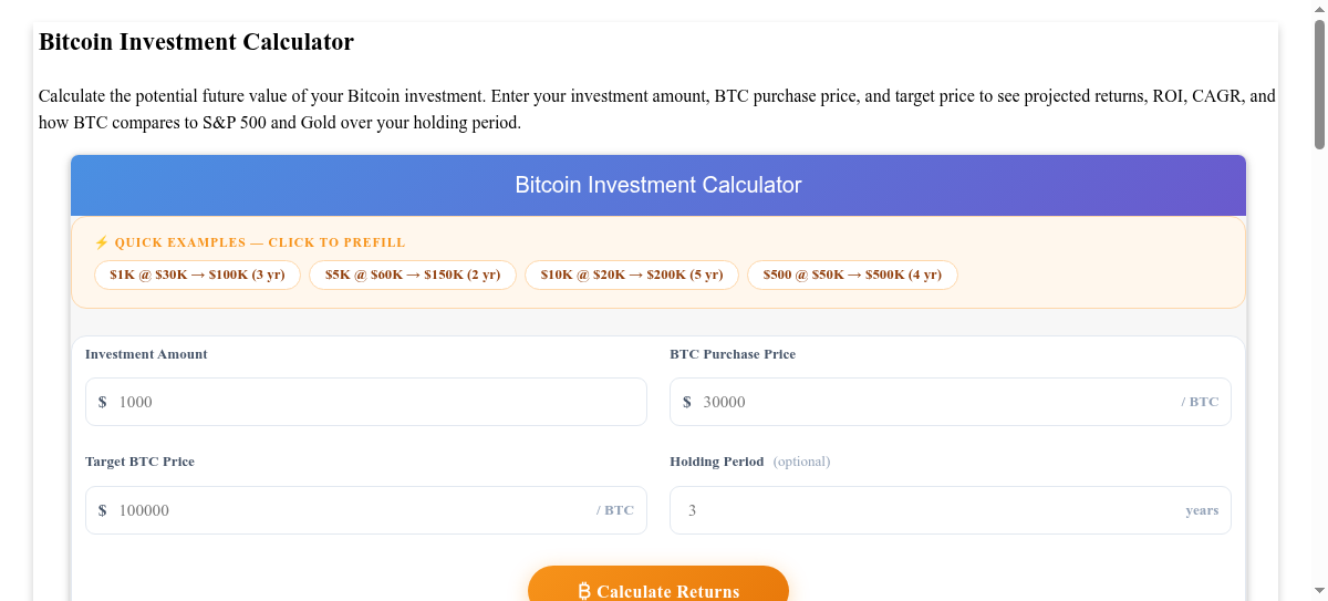 Bitcoin Investment Calculator - Model Your BTC Returns & ROI