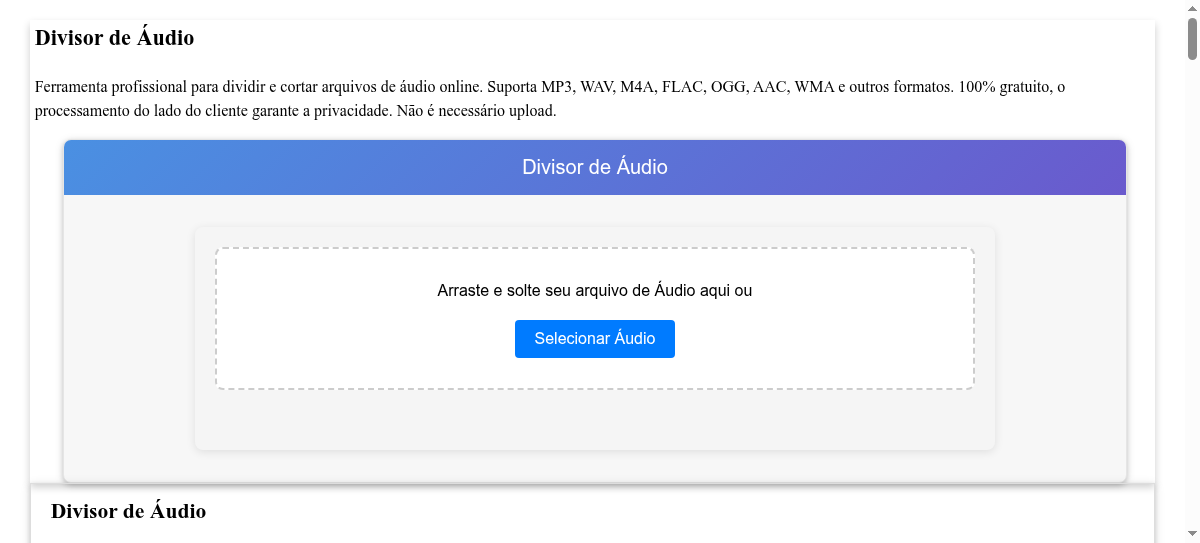 Divisor de Áudio Online Gratuito - Divida MP3, WAV, M4A, FLAC, OGG e Mais