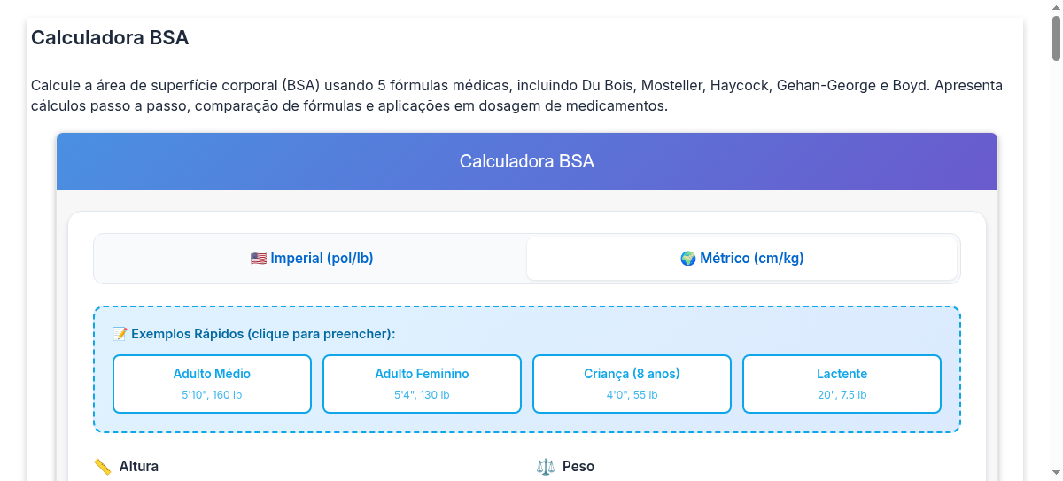 Calculadora BSA - Calculadora de Área de Superfície Corporal com 5 ...