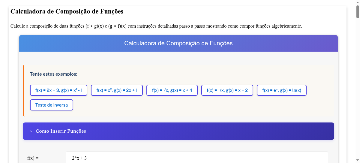 Calculadora de Composição de Funções - Calcule (f ∘ g)(x) e (g ∘ f)(x ...