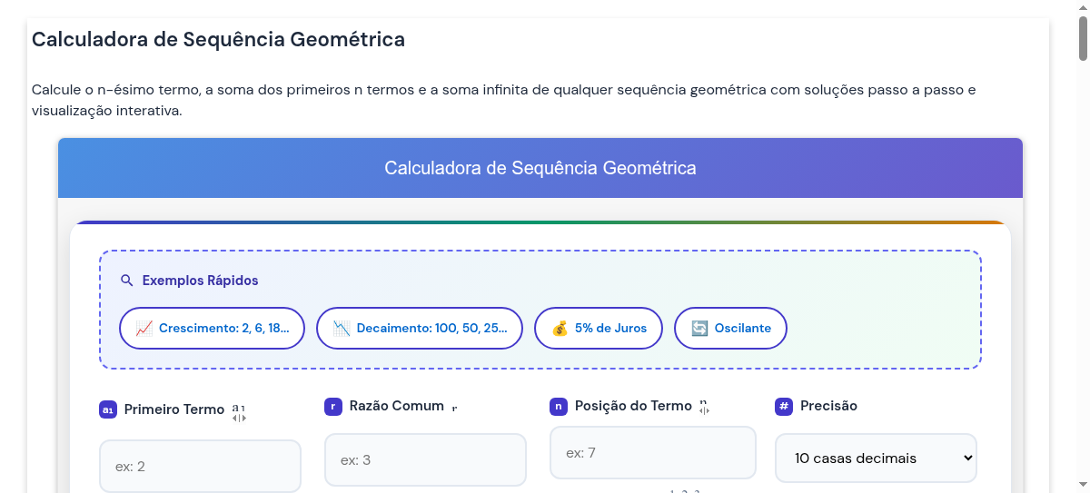 Calculadora de Sequência Geométrica - Encontre o n-ésimo termo, soma e ...