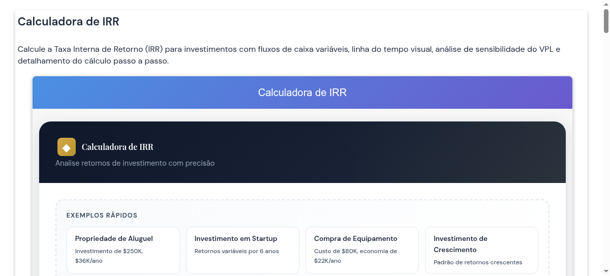 Calculadora de IRR Gratuita - Taxa Interna de Retorno com Análise de ...