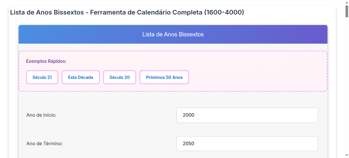Lista de Anos Bissextos - Ferramenta de Calendário Completa (1600-4000)