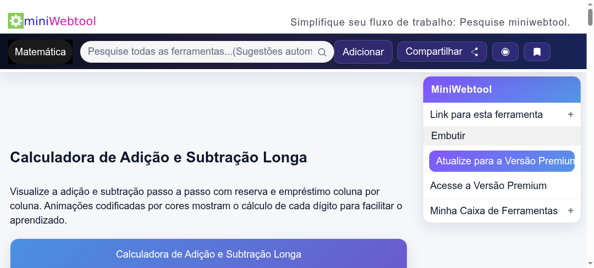 Calculadora de Adição e Subtração Longa - Passo a Passo com Reserva e ...