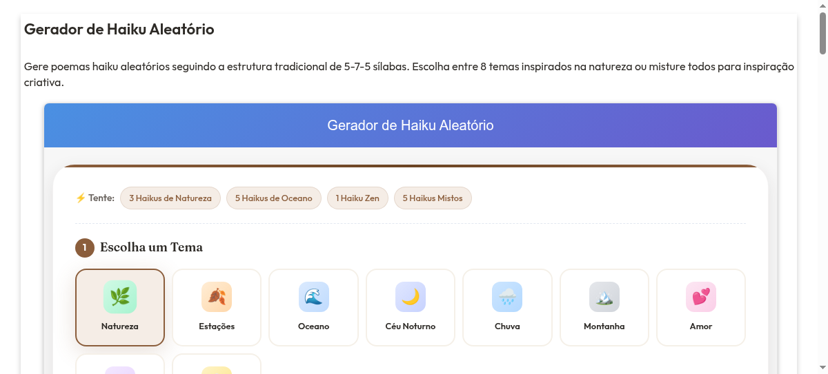 Gerador de Haiku Aleatório - Crie Poemas 5-7-5 Instantaneamente