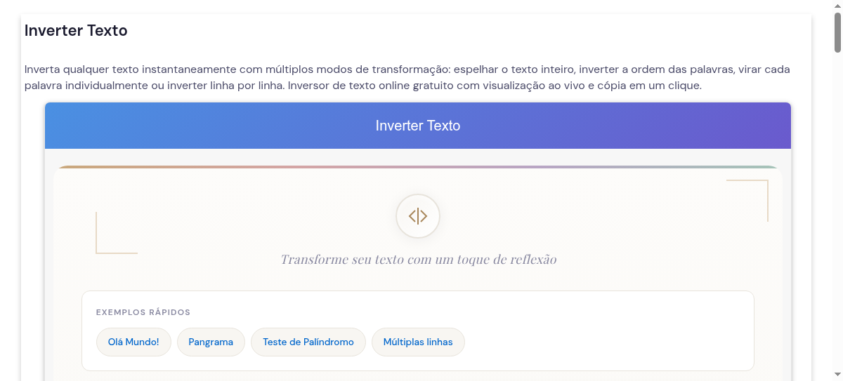 Gerador de Inverter Texto - Espelhar, Inverter e Virar Strings Online