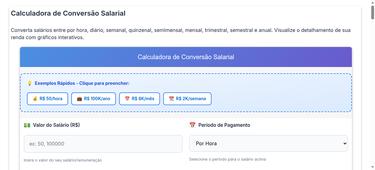 Calculadora de Conversão Salarial - Converter salário por hora em anual, semanal, mensal e mais