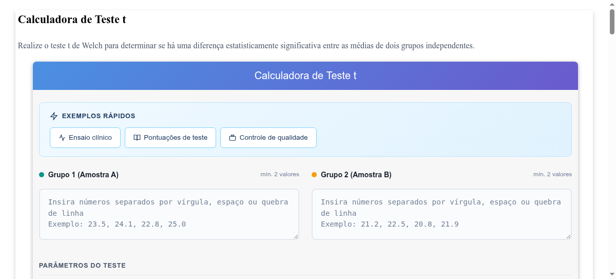 Calculadora de Teste t - Análise Estatística Independente de Duas Amostras