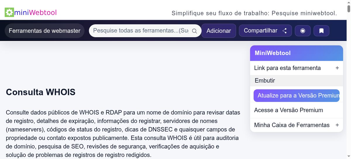 Consulta WHOIS para Registro de Domínio, Registrar e Detalhes de ...