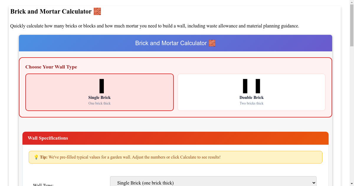 Brick and Mortar Calculator - Estimate Bricks and Mortar for Walls