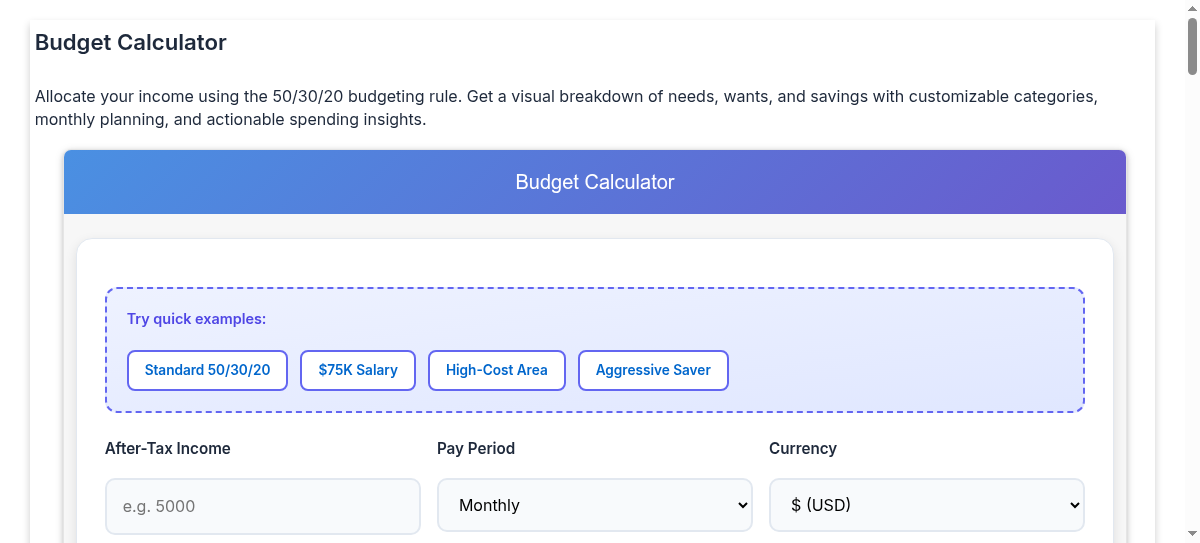 Budget Calculator - 50/30/20 Rule Budget Planner with Visual Breakdown