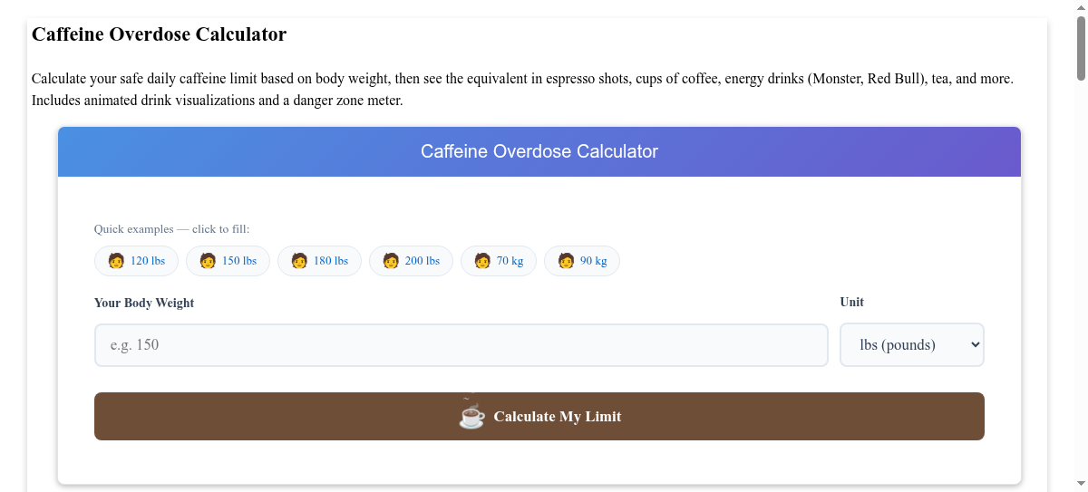 Caffeine Overdose Calculator - How Much Caffeine Is Too Much?