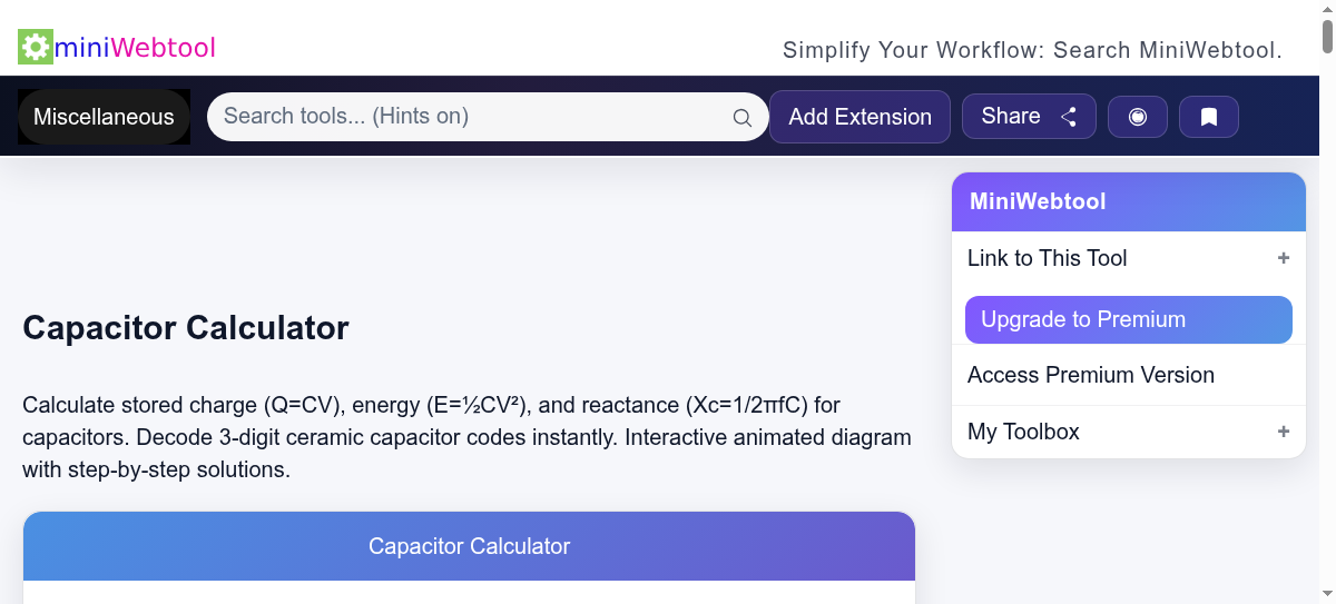Capacitor Calculator - Charge, Energy, Reactance & Code Decoder