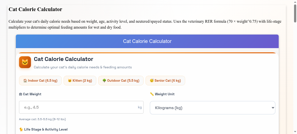 Cat Calorie Calculator | Daily Calorie Needs (RER & MER) for Cats