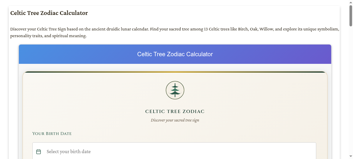 Celtic Tree Zodiac Calculator - Discover Your Sacred Tree Sign