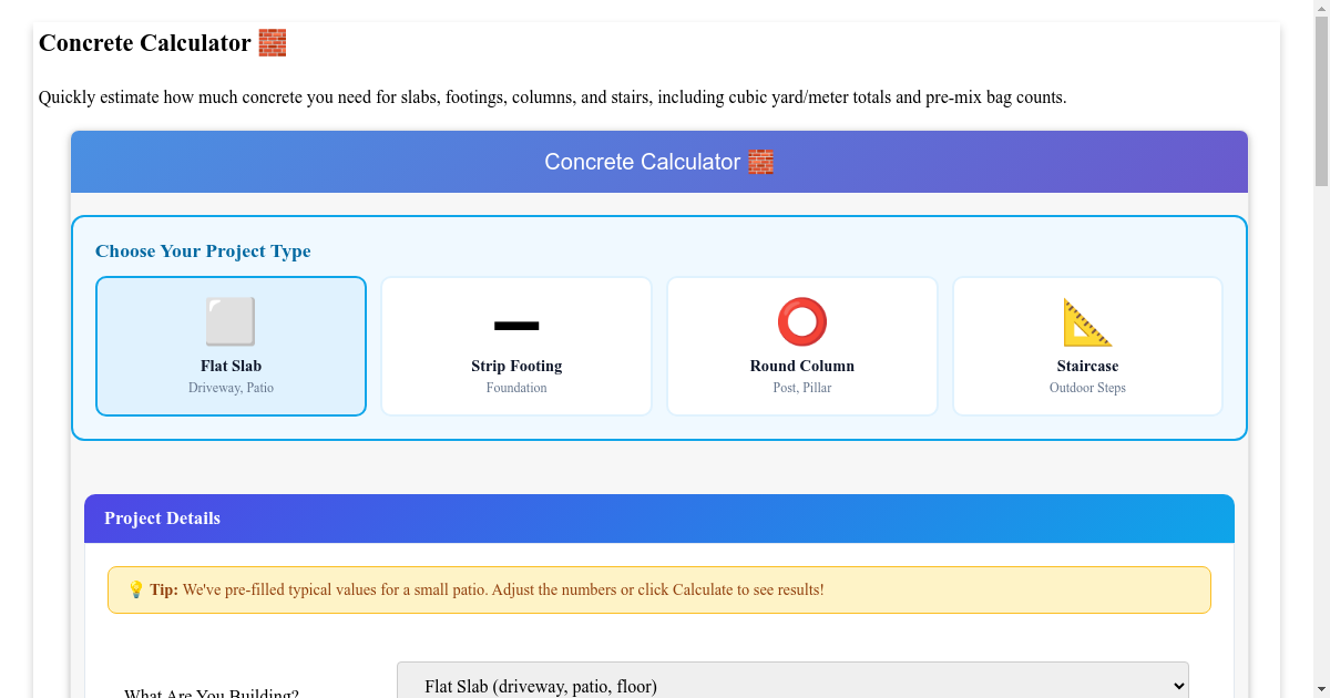Concrete Calculator - Estimate Volume and Pre-Mix Bags
