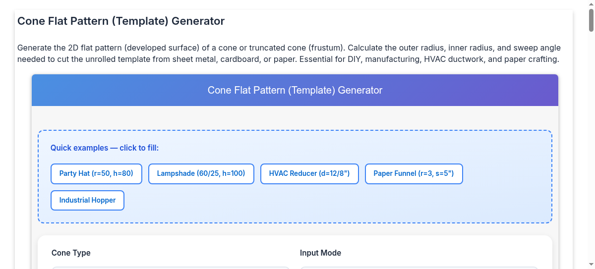 Cone Flat Pattern Generator - Unroll Cone & Frustum to 2D Layout for ...