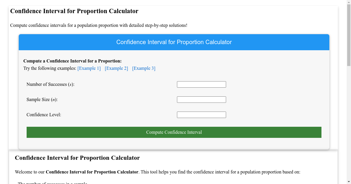 Confidence Interval for Proportion Calculator (step-by-step)
