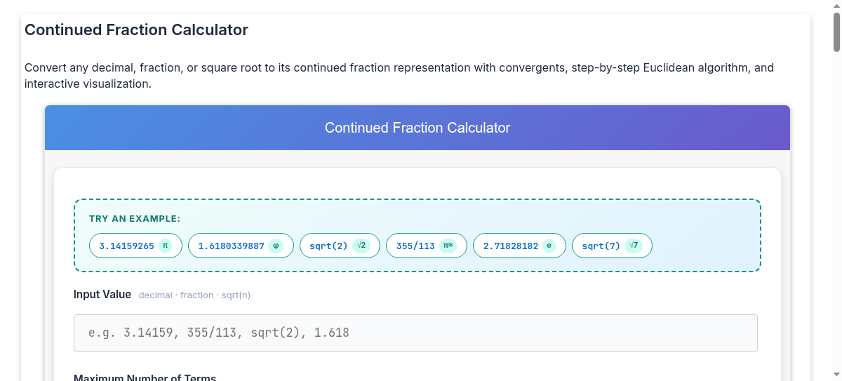 Continued Fraction Calculator - Decimal, Fraction & Square Root to CF