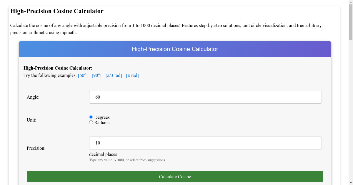 High-Precision Cosine (cos) Calculator - Up to 1000 Decimal Places