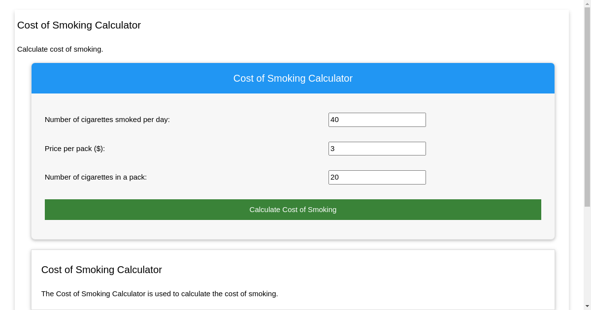 Cost of Smoking Calculator