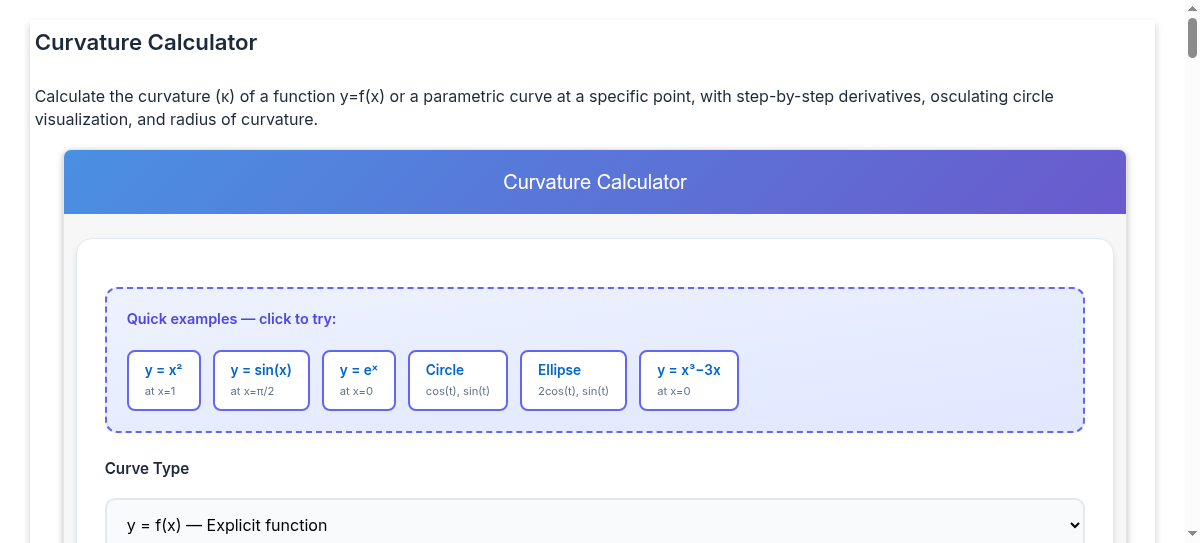 Curvature Calculator - Find Curvature κ of a Curve at Any Point