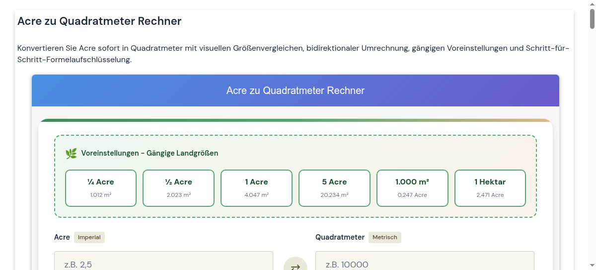 Acre zu Quadratmeter Rechner - Flächenrechner mit visuellen Vergleichen