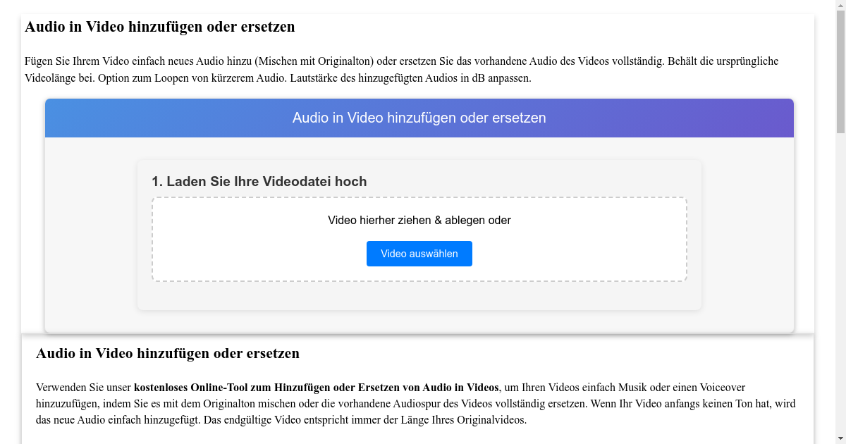 Audio in Video hinzufügen oder ersetzen - Kostenloses Online-Tool mit Loop- und dB-Steuerung