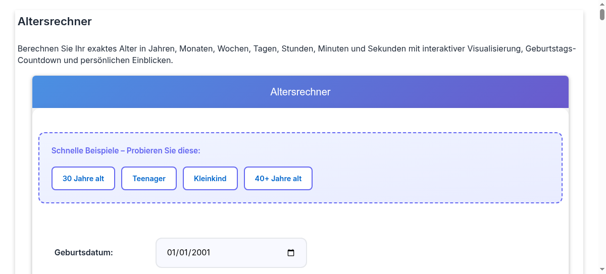 Altersrechner - Berechnen Sie Ihr genaues Alter mit interaktiver Zeitachse