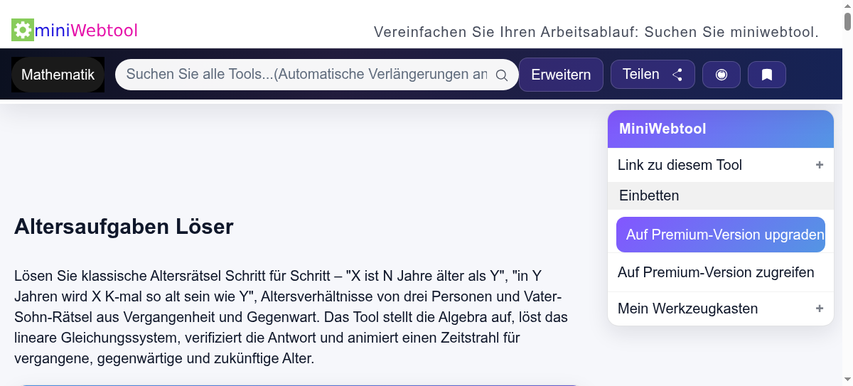 Altersaufgaben Löser - "X Jahre älter / jünger" Rätsel lösen