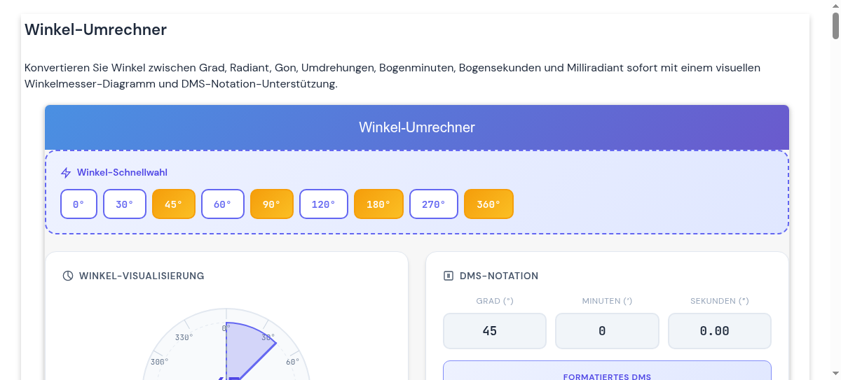 Winkel-Umrechner - Grad, Radiant, Gon & mehr mit visuellem Diagramm
