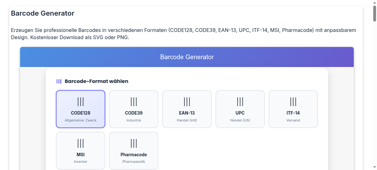 Kostenloser Barcode Generator - CODE128, EAN, UPC, QR-Codes online ...