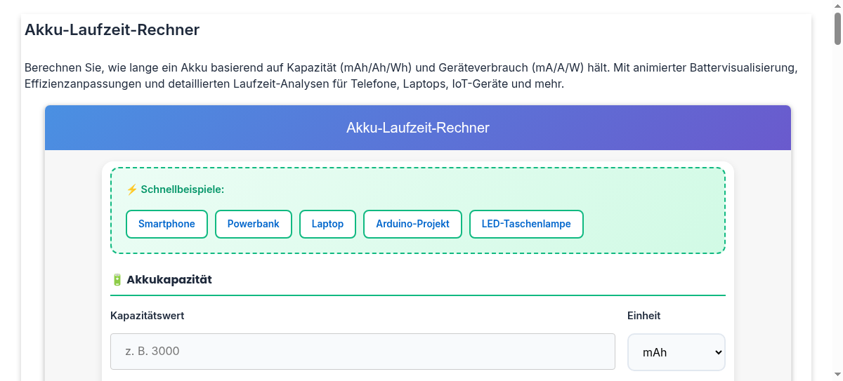 Akku-Laufzeit-Rechner - Gerätelaufzeit aus Kapazität & Verbrauch schätzen