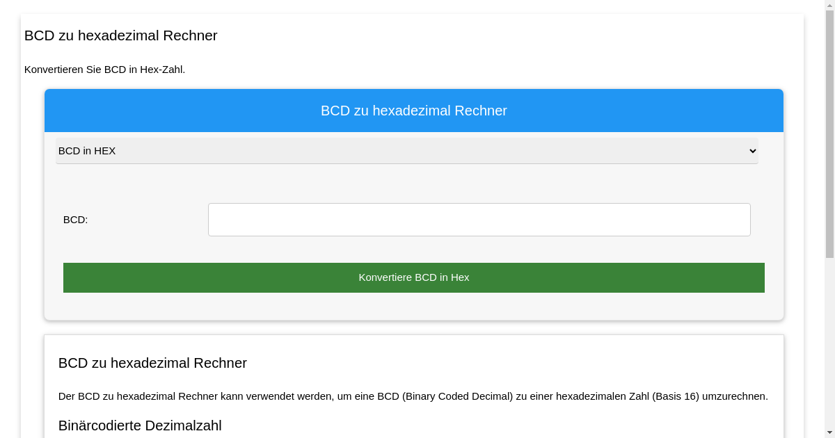 BCD zu hexadezimal Rechner | Binary Coded Decimal zu hexadezimal umrechnen