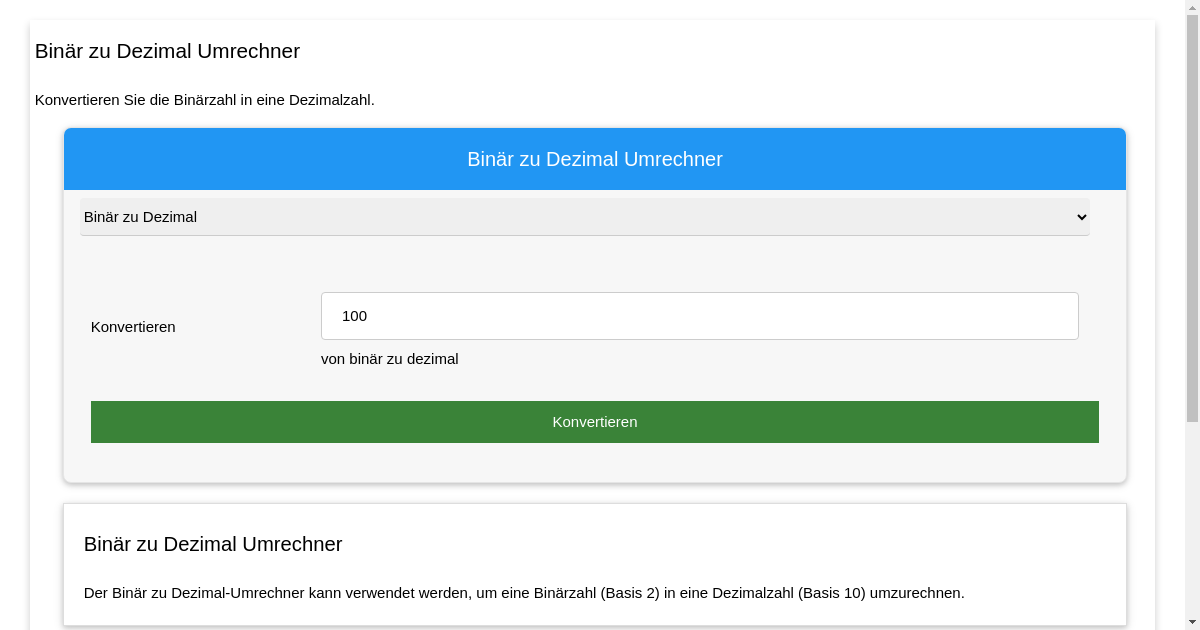 Binär zu Dezimal Umrechner | Binär und Decimal Umrechnungstool
