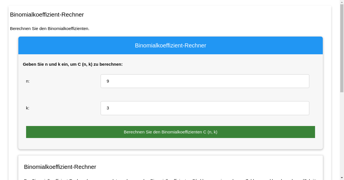 Binomialkoeffizient-Rechner