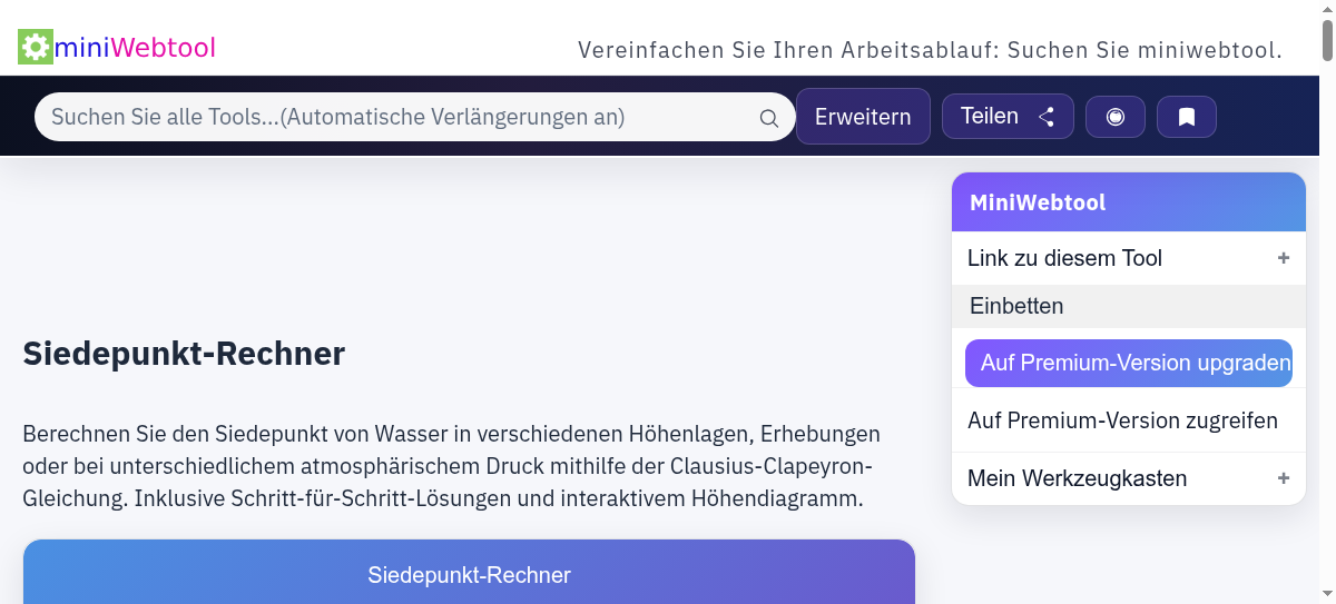Siedepunkt-Rechner - Wasser-Siedetemperatur bei jeder Höhe oder jedem Druck