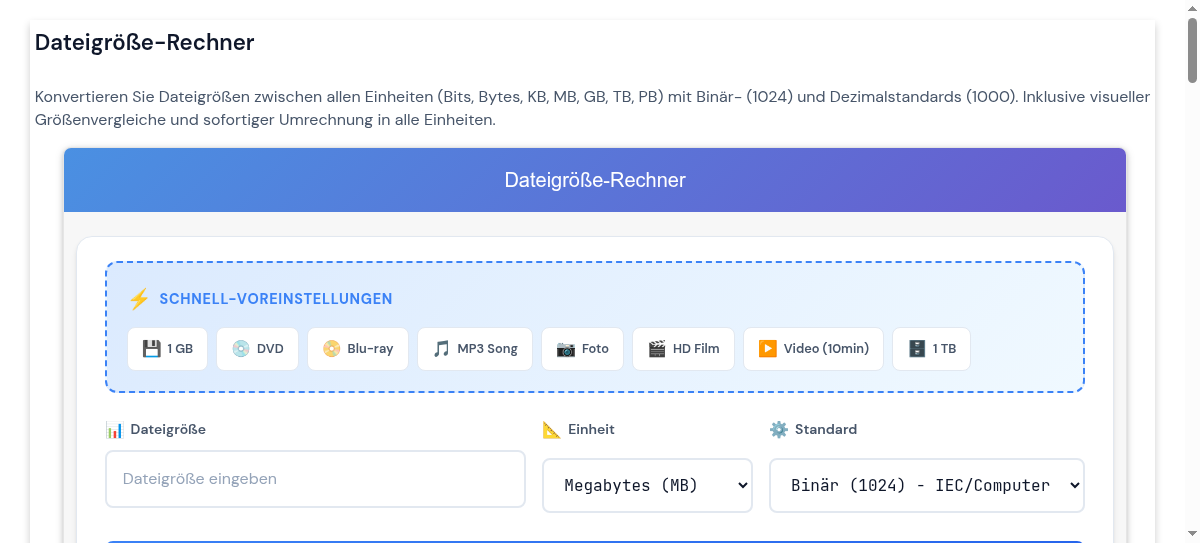 Dateigröße-Rechner - Bytes, KB, MB, GB, TB & mehr umrechnen