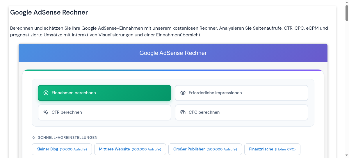 Google AdSense Rechner - AdSense-Einnahmen, Umsatz & eCPM schätzen