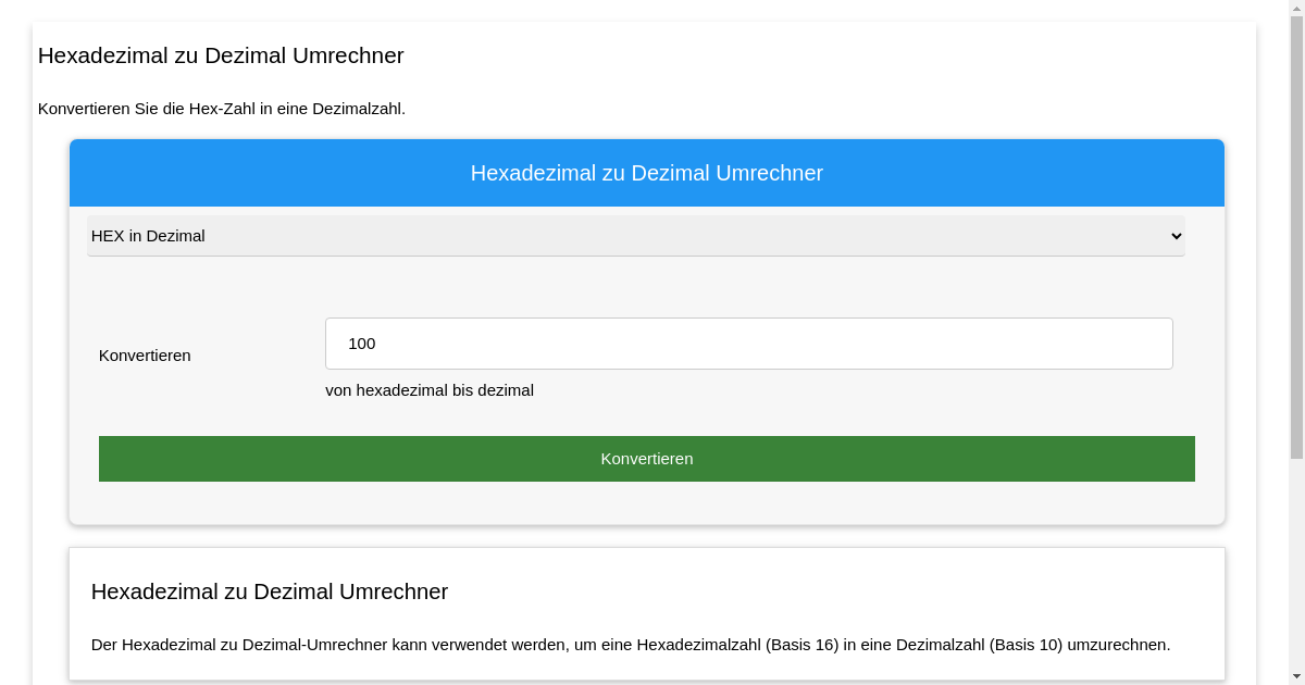 Hexadezimal zu Dezimal Umrechner | Hexadezimal und Dezimal Umrechnungstool