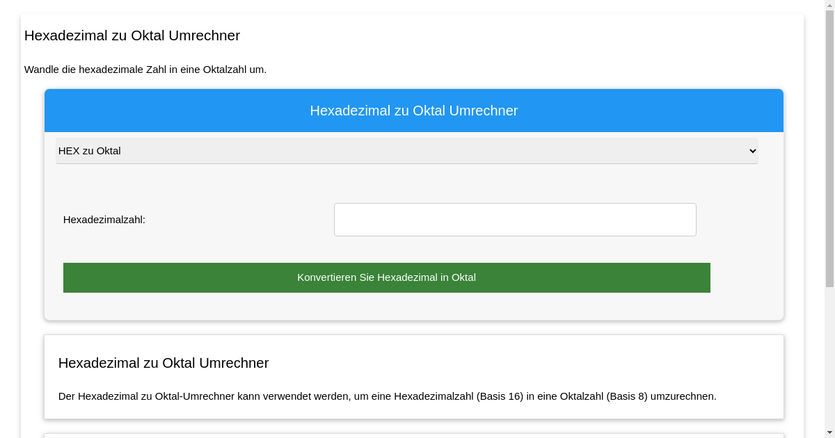 Hexadezimal zu Oktal Umrechner