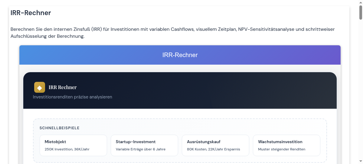 Kostenloser IRR-Rechner - Interner Zinsfuß mit Cashflow-Analyse